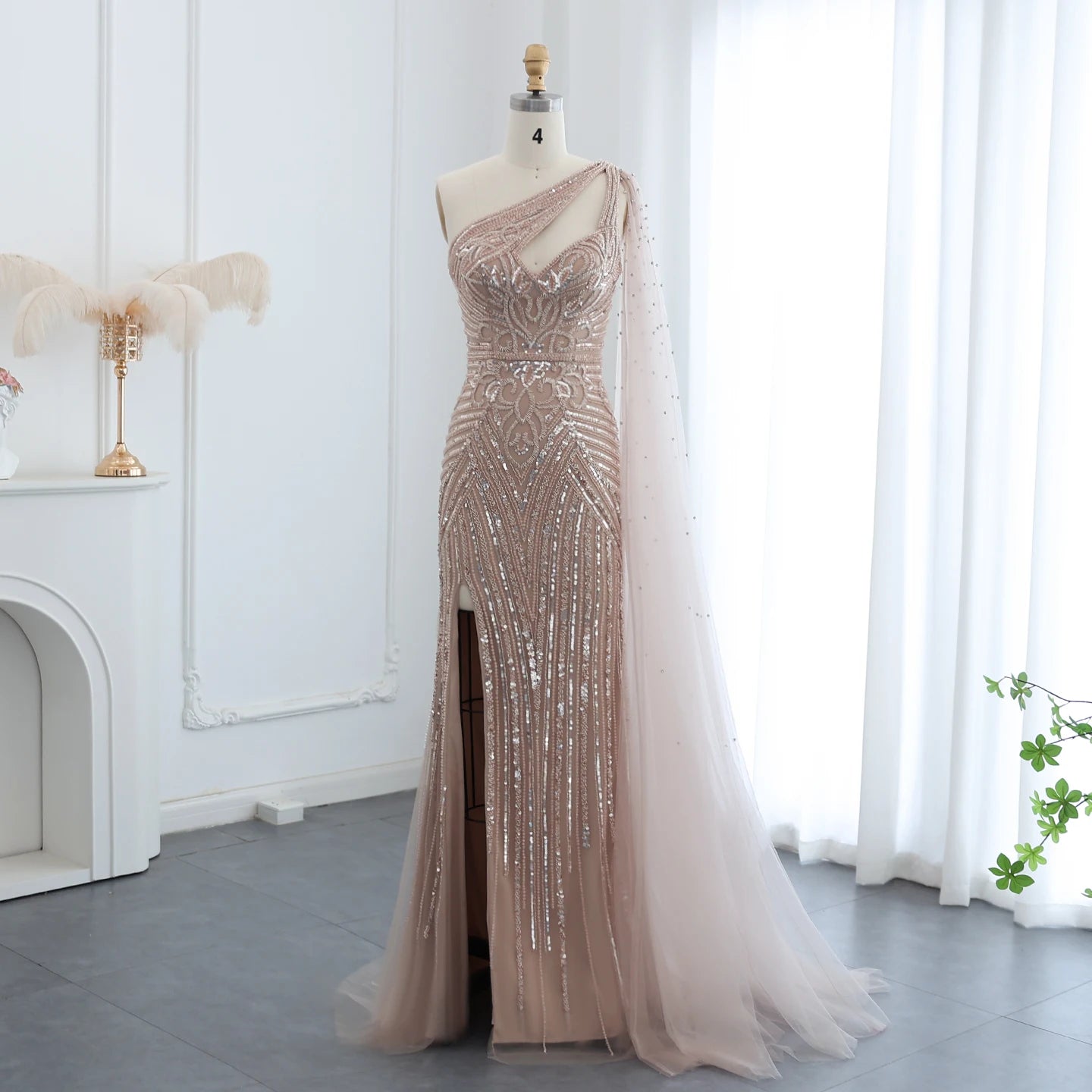 Luxury Rose Pink One Shoulder Mermaid Evening Dresses for Women Wedding Party High Slit Long ...