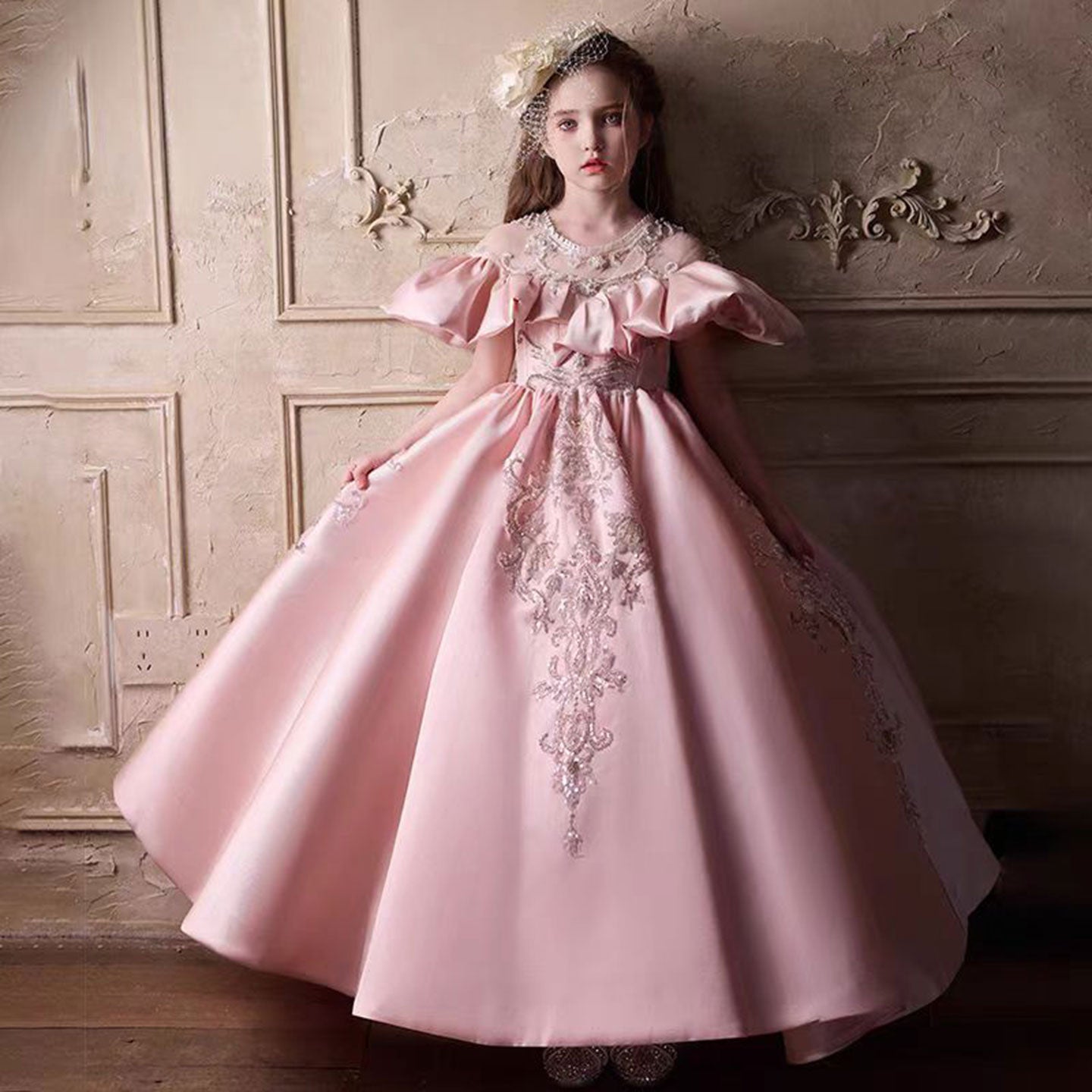 Luxury Embroidered Lace Stain Flower Princess Girl Dress Pink J255 ...