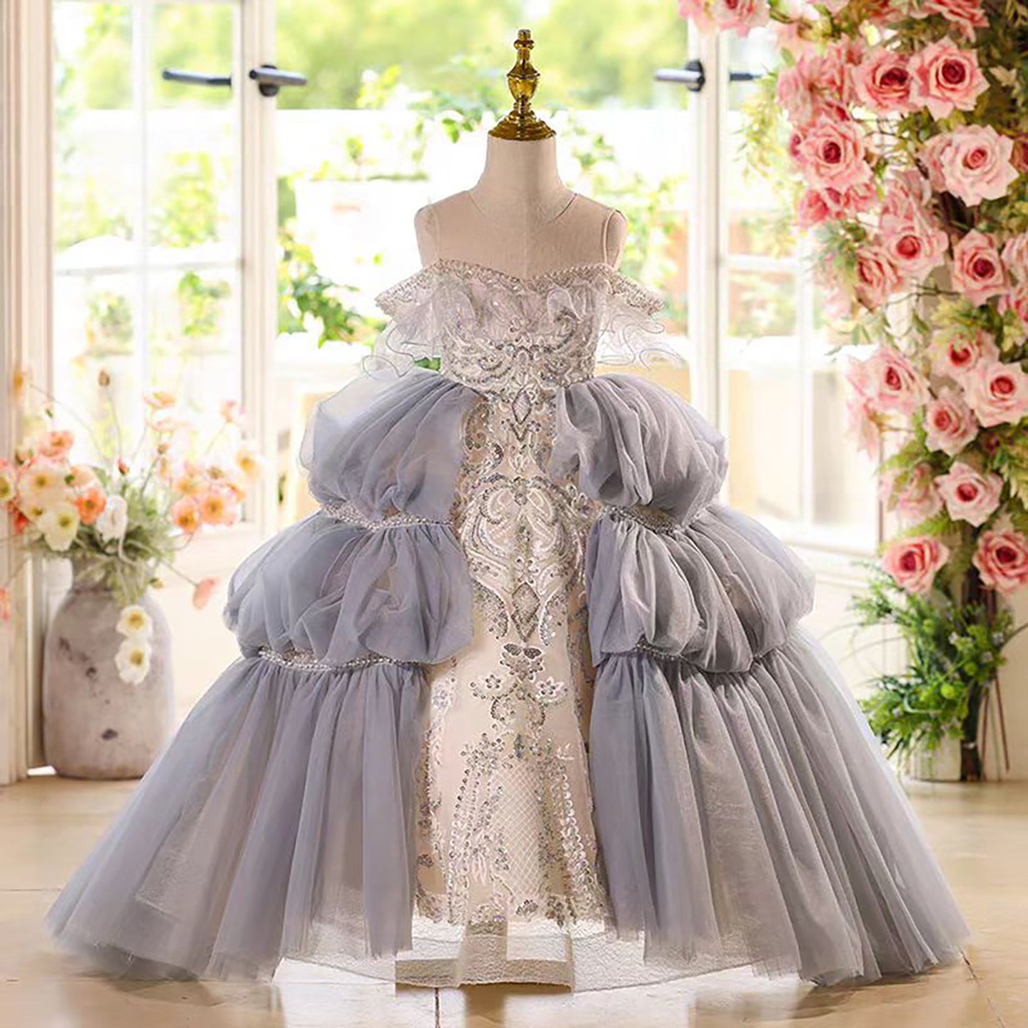 Off Shoulder Luxury Pearled Ruffle Flower Girl Princess Dress D073 ...