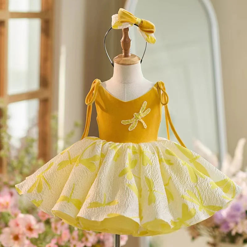 Elegant Gold Girl Dress with Bow Ball Gown J006 – DreamyVow